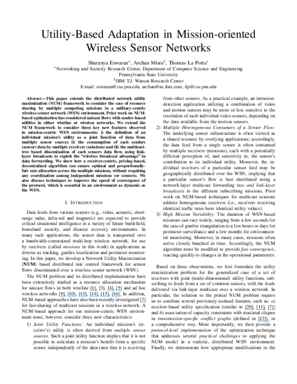 (PDF) Utility-based bandwidth adaptation in mission-oriented wireless sensor networks