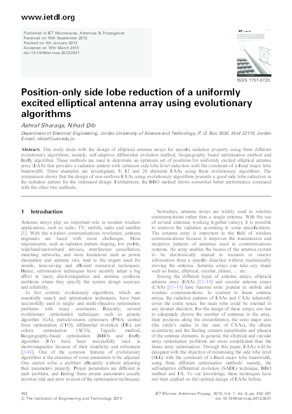 Pdf Position Only Side Lobe Reduction Of A Uniformly Excited Elliptical Antenna Array Using