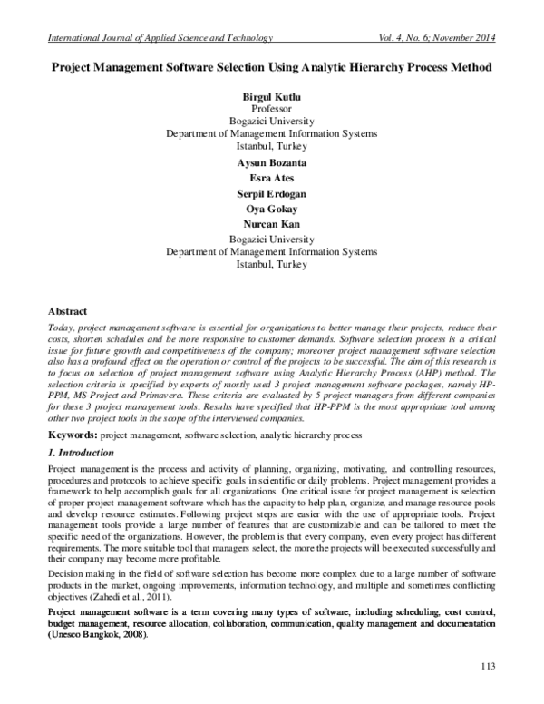 Pdf Project Management Software Selection Using Analytic Hierarchy Process Method Birgül