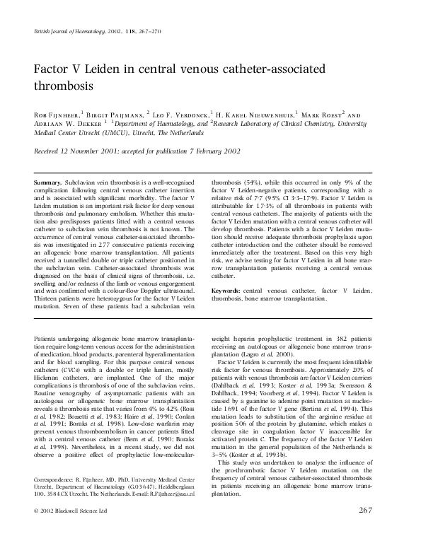 (PDF) Factor V Leiden in central venous catheter-associated thrombosis ...