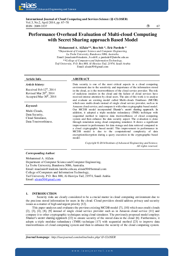 (PDF) Performance Overhead Evaluation of Multi-cloud Computing with Secret Sharing approach ...