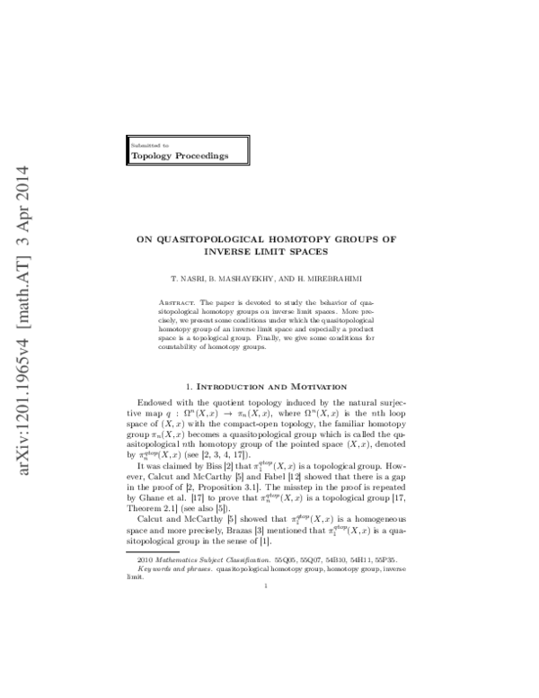 Pdf On Topological Homotopy Groups Of Inverse Limit Spaces Behrooz Mashayekhy