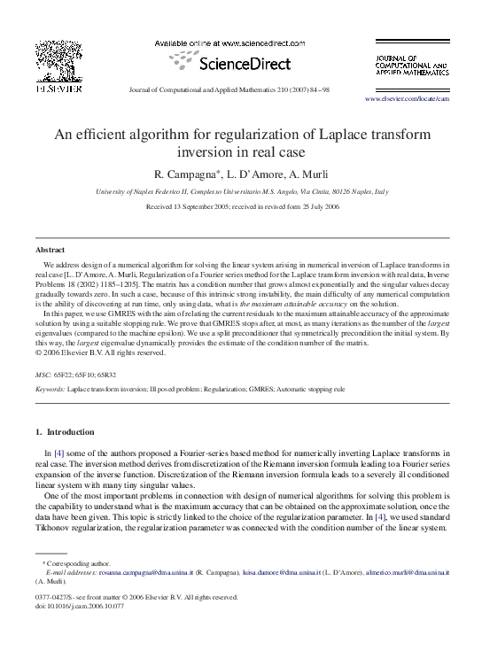 (PDF) An efficient algorithm for regularization of Laplace transform inversion in real case