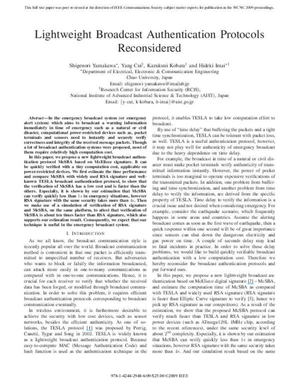 (PDF) Lightweight Broadcast Authentication Protocols Reconsidered | Hideki Imai - Academia.edu