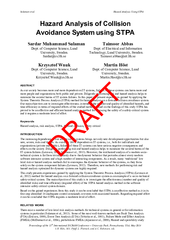 (PDF) Hazard Analysis of Collision Avoidance System using STPA