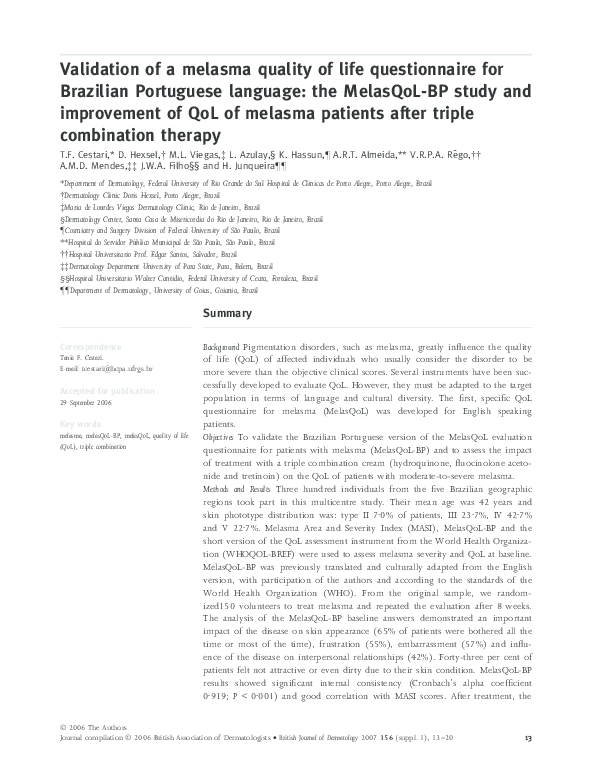 (PDF) Validation of a melasma quality of life questionnaire for ...