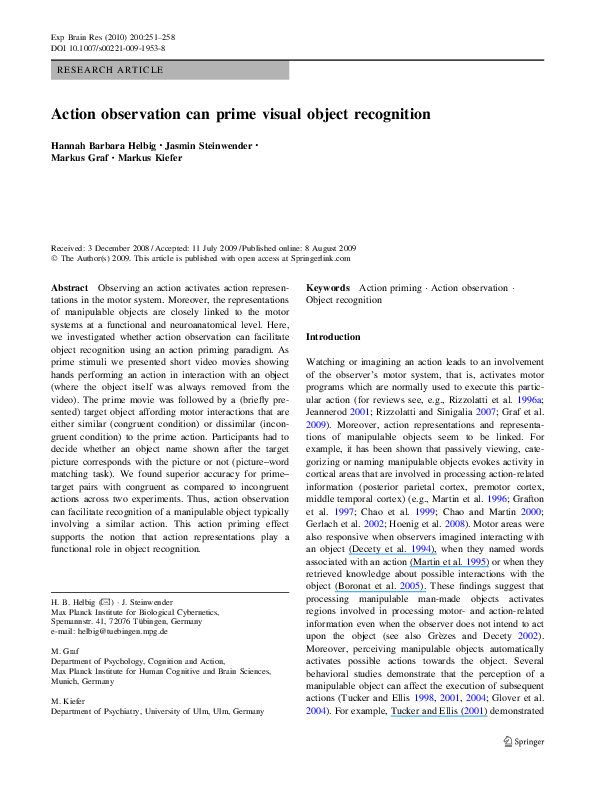 Pdf Action Observation Can Prime Visual Object Recognition