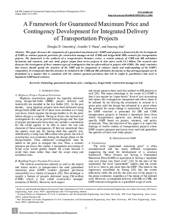 (PDF) A Framework for Guaranteed Maximum Price and Contingency ...