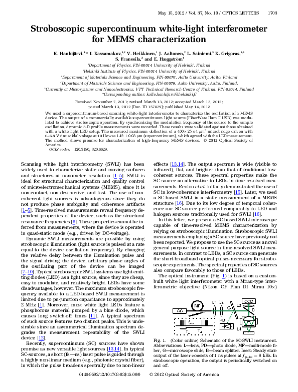 (PDF) Stroboscopic supercontinuum white-light interferometer for MEMS characterization
