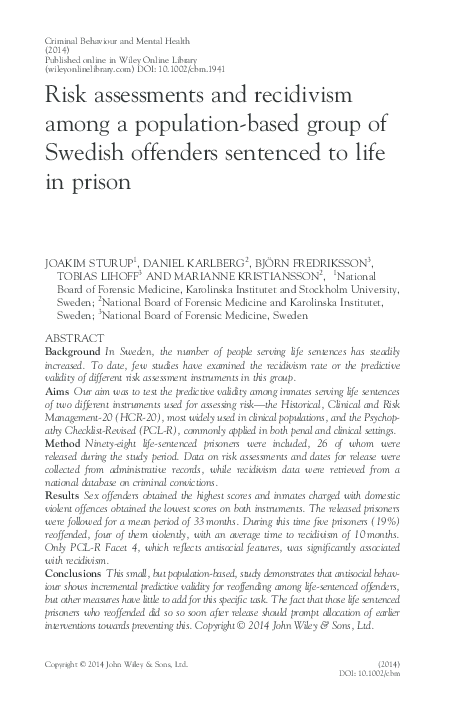 (PDF) Risk assessments and recidivism among a population-based group of ...