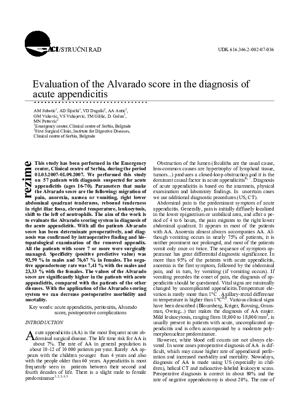 (PDF) Evaluation of the Alvarado score in the diagnosis of acute ...