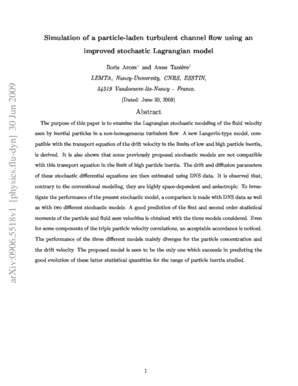 (PDF) Simulation of a particle-laden turbulent channel flow using an improved stochastic ...