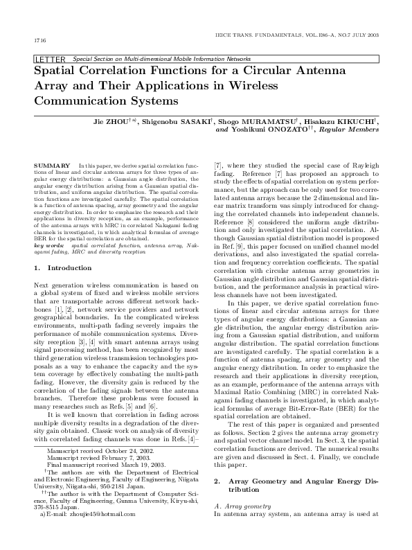 Pdf Spatial Correlation Functions For A Circular Antenna Array And Their Applications In
