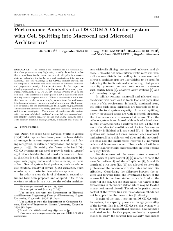 Pdf Performance Analysis Of A Ds Cdma Cellular System With Cell Splitting Into Macrocell And