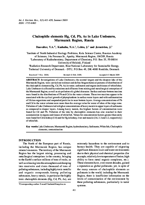 (PDF) Chalcophile elements Hg, Cd, Pb, As in Lake Umbozero, Murmansk ...