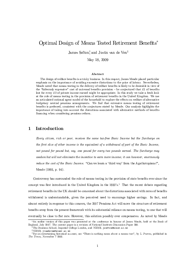 (PDF) Optimal Design of Means Tested Retirement Benefits a