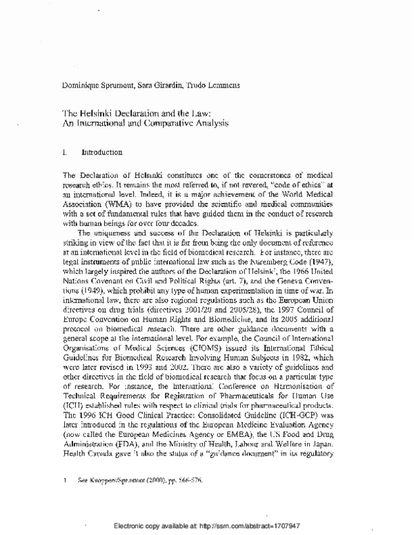 (PDF) The Helsinki Declaration and the Law: An International and ...