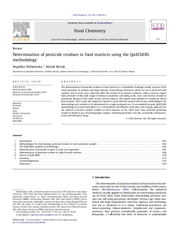 (PDF) Determination of pesticide residues in food matrices using the QuEChERS methodology