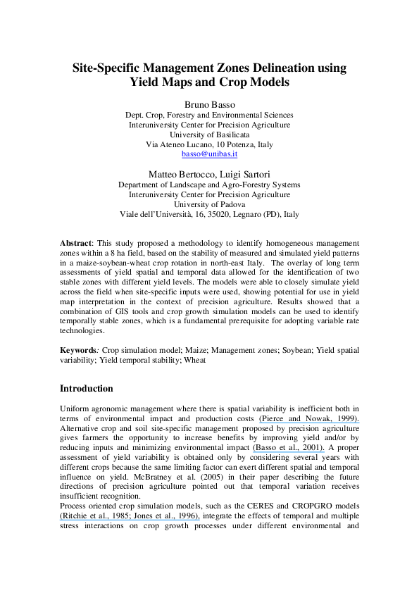 (PDF) Site-Specific Management Zones Delineation using Yield Maps and Crop Models