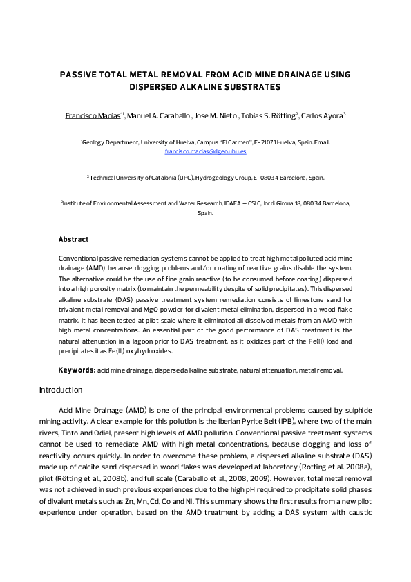 (PDF) PASSIVE TOTAL METAL REMOVAL FROM ACID MINE DRAINAGE USING ...