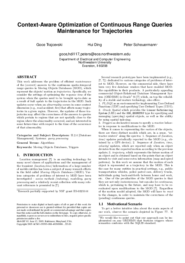 (PDF) Context-aware optimization of continuous range queries maintenance for trajectories | Goce ...
