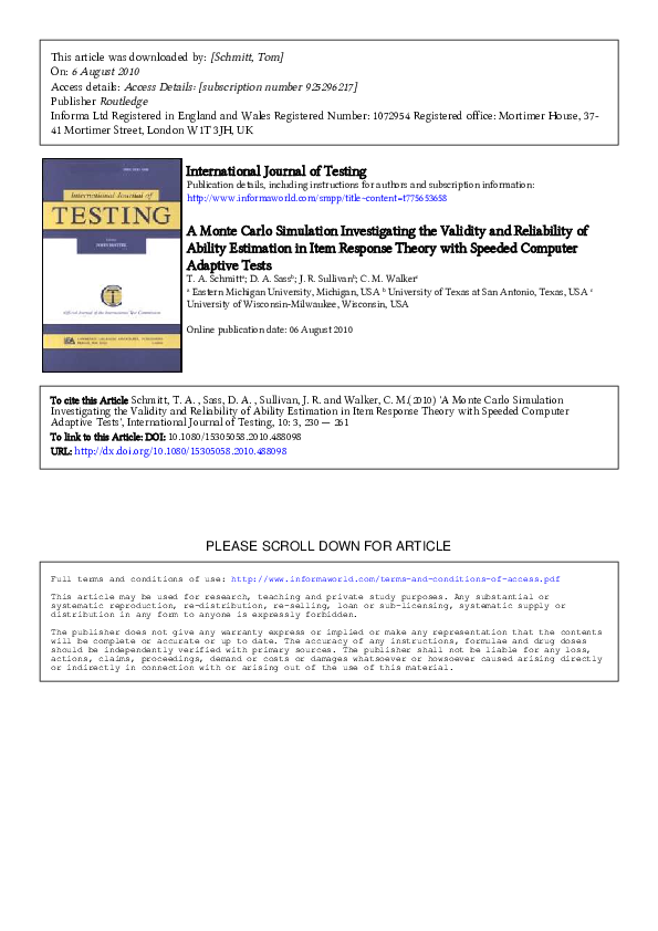 Pdf A Monte Carlo Simulation Investigating The Validity And Reliability Of Ability Estimation