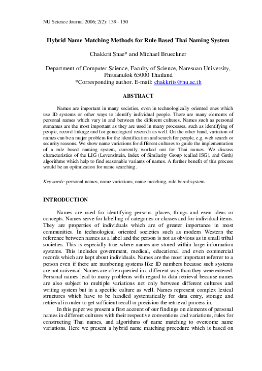 Pdf Hybrid Name Matching Methods For Rule Based Thai Naming System