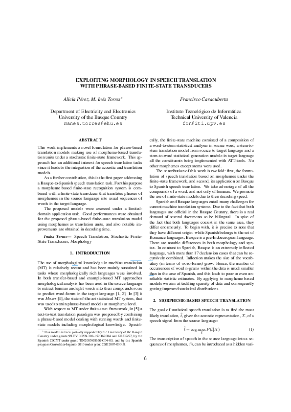 (PDF) Exploiting Morphology in Speech Translation with Phrase-Based Finite-State Transducers