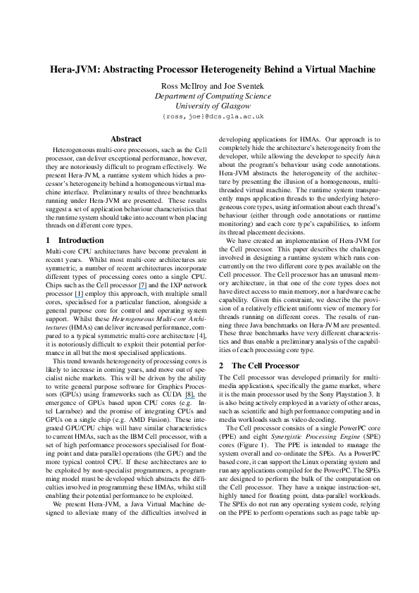 (PDF) Hera-JVM: Abstracting processor heterogeneity behind a virtual machine | Joseph Sventek ...