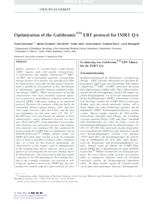 Pdf Optimization Of The Gafchromic™ Ebt Protocol For Imrt Qa