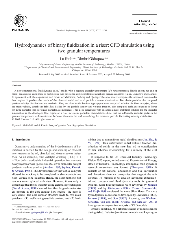 (PDF) Hydrodynamics of binary fluidization in a riser: CFD simulation using two granular ...