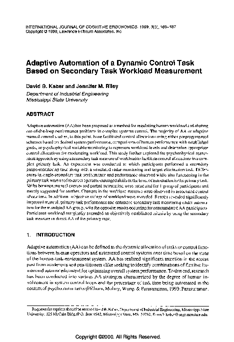 Pdf Adaptive Automation Of A Dynamic Control Task Based On Secondary Task Workload Measurement