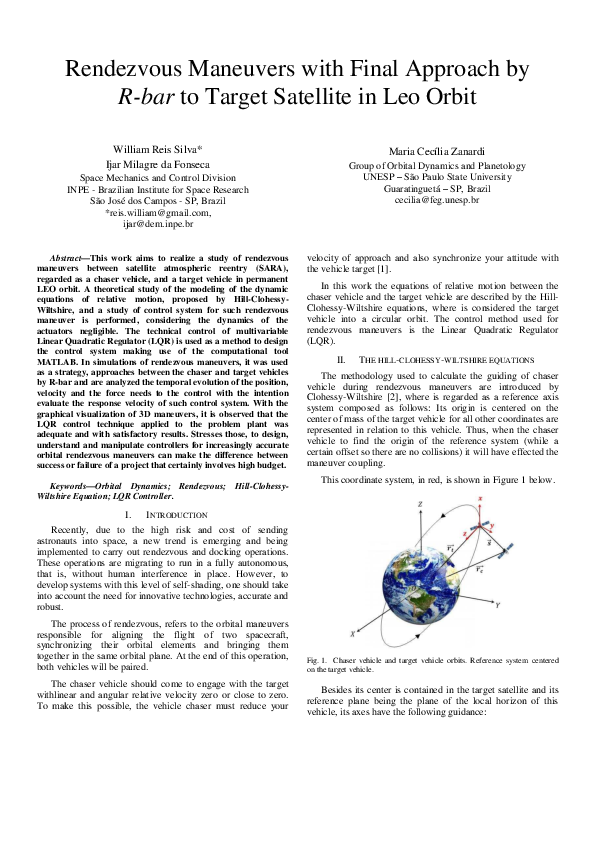 (PDF) Rendezvous Manuevers with Final Approach by R-bar to Target ...