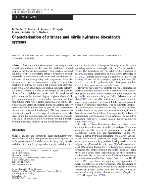 (PDF) Characterisation of nitrilase and nitrile hydratase biocatalytic ...