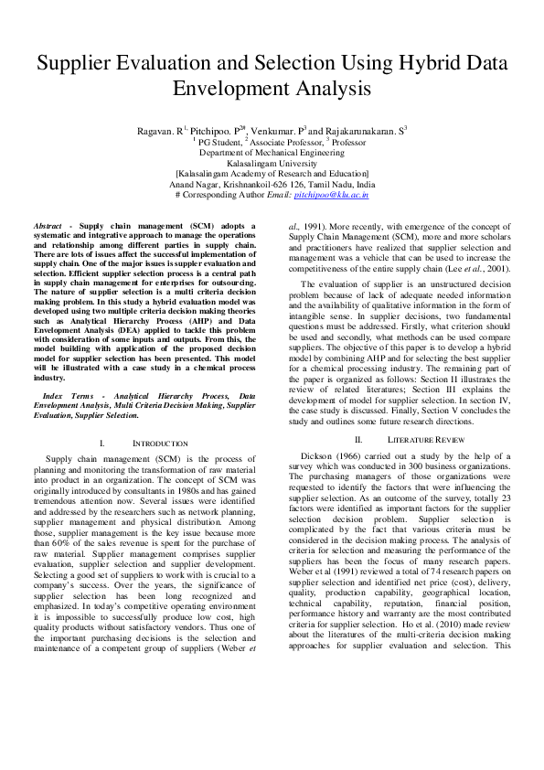 (PDF) Supplier Evaluation and Selection Using Hybrid Data Envelopment Analysis