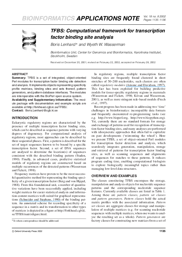 Pdf Tfbs Computational Framework For Transcription Factor Binding