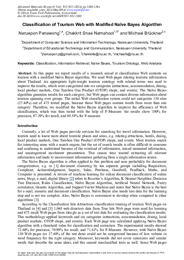 Pdf Classification Of Tourism Web With Modified Naïve Bayes Algorithm