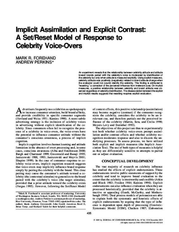 Pdf Implicit Assimilation And Explicit Contrast A Set Reset Model Of Response To Celebrity
