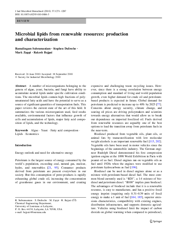 (PDF) Microbial lipids from renewable resources: production and ...