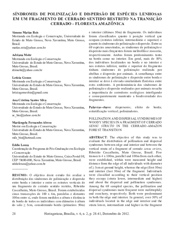 (PDF) SÍNDROMES DE POLINIZAÇÃO E DISPERSÃO DE ESPÉCIES LENHOSAS EM UM ...
