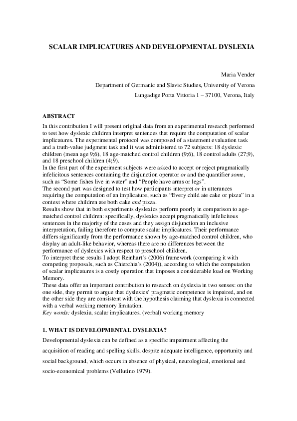 (PDF) SCALAR IMPLICATURES AND DEVELOPMENTAL DYSLEXIA