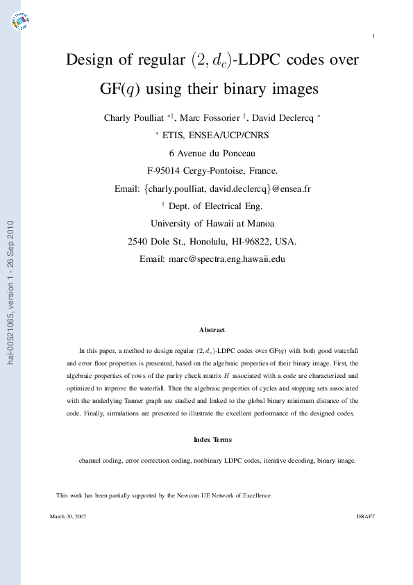 (PDF) Design of regular (2,d/sub c/)-LDPC codes over GF(q) using their binary images