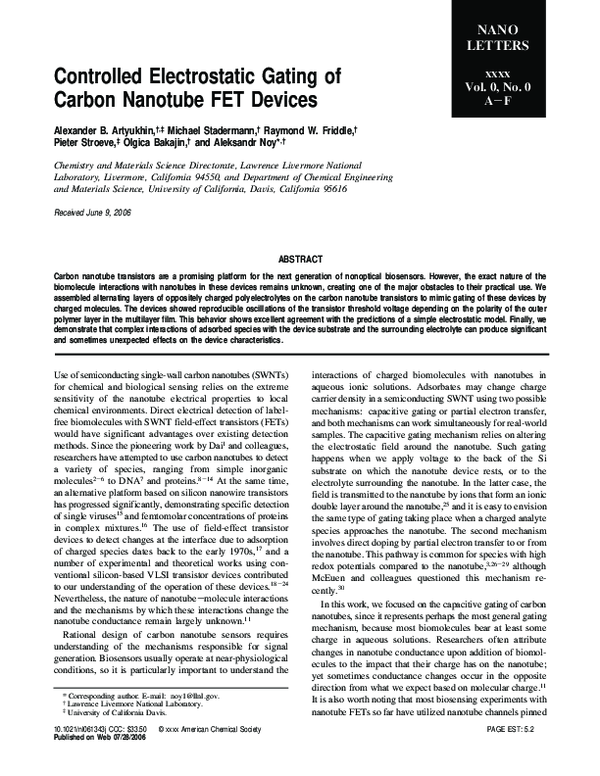(PDF) Controlled Electrostatic Gating of Carbon Nanotube FET Devices