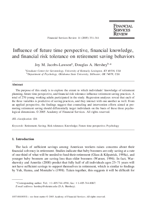 (PDF) Influence of future time perspective, financial knowledge, and financial risk tolerance on ...