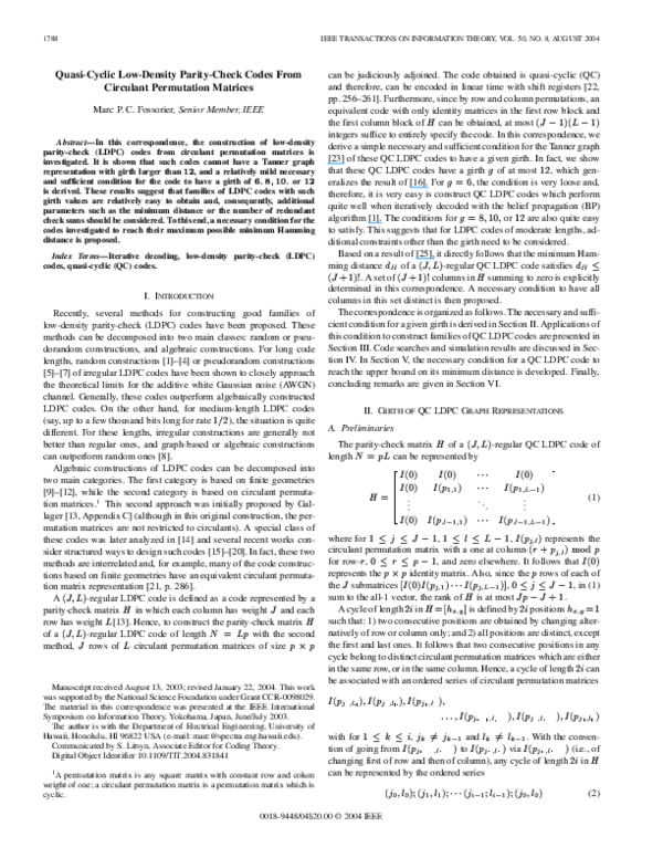 Pdf Quasi Cyclic Low Density Parity Check Codes From Circulant Permutation Matrices