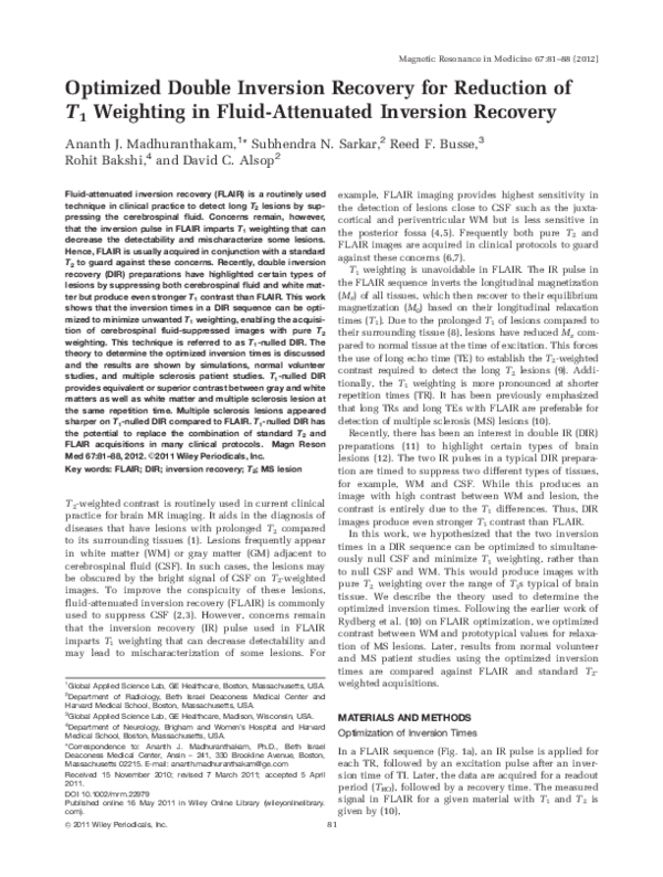 (PDF) Optimized double inversion recovery for reduction of T1 weighting ...