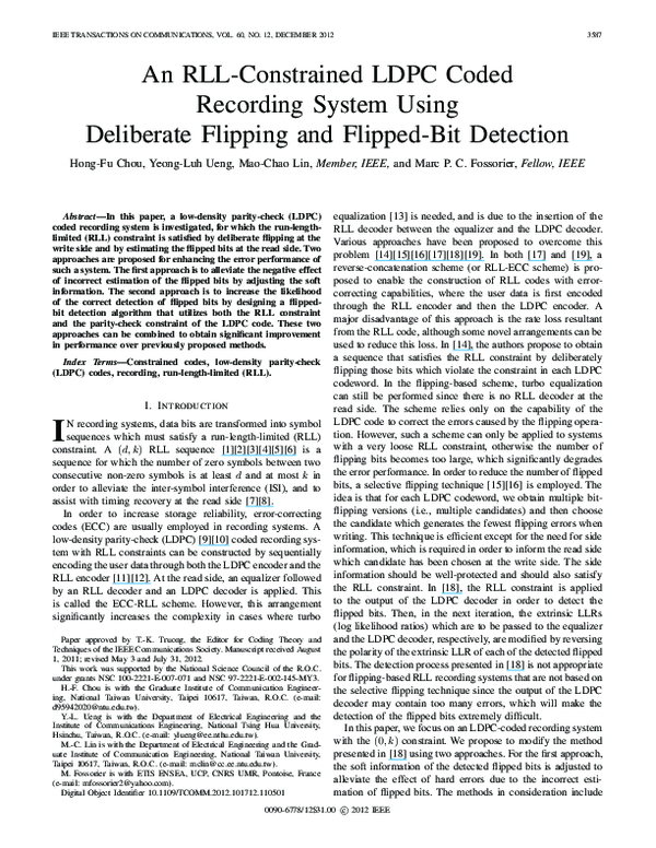 Pdf An Rll Constrained Ldpc Coded Recording System Using Deliberate Flipping And Flipped Bit