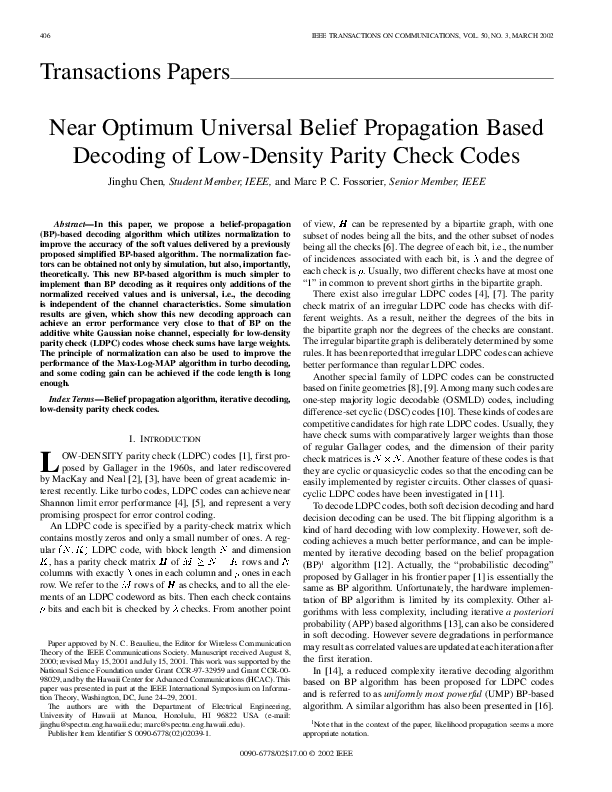 Pdf Near Optimum Universal Belief Propagation Based Decoding Of Low Density Parity Check Codes