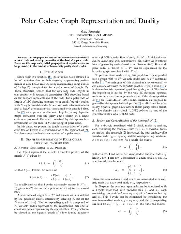 (PDF) Polar Codes: Graph Representation and Duality