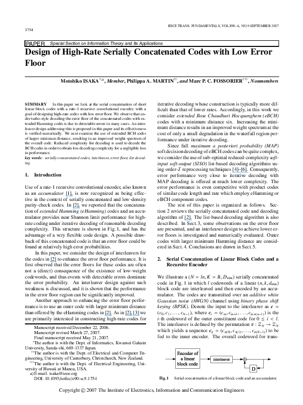 Pdf Design Of High Rate Serially Concatenated Codes With Low Error Floor